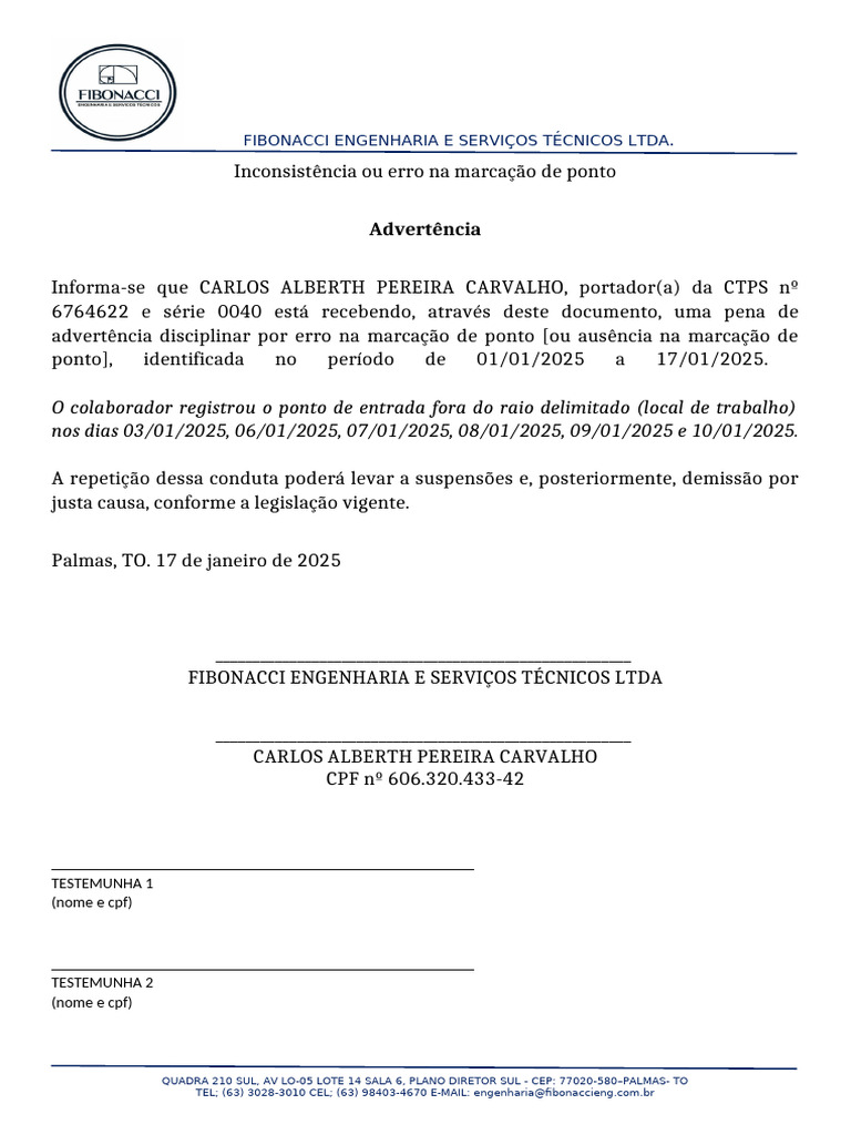 Advertência por Erro na Marcação de Ponto | PDF