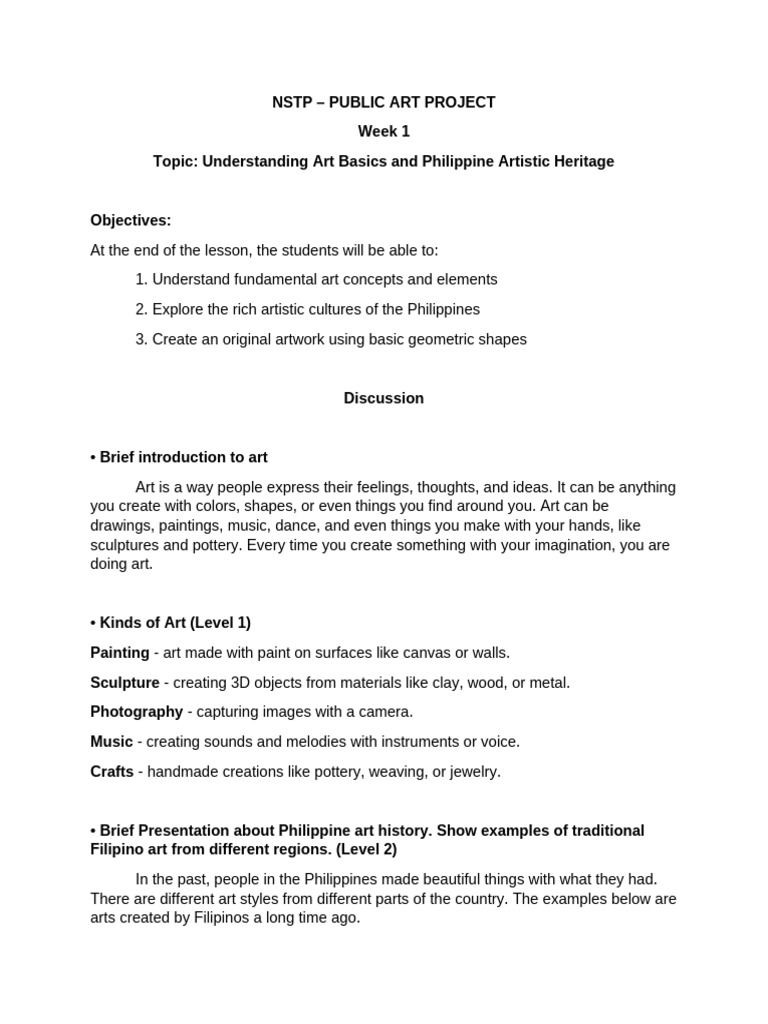 NSTP Art Basics and Drawing Activities | PDF | Paintings | Pottery