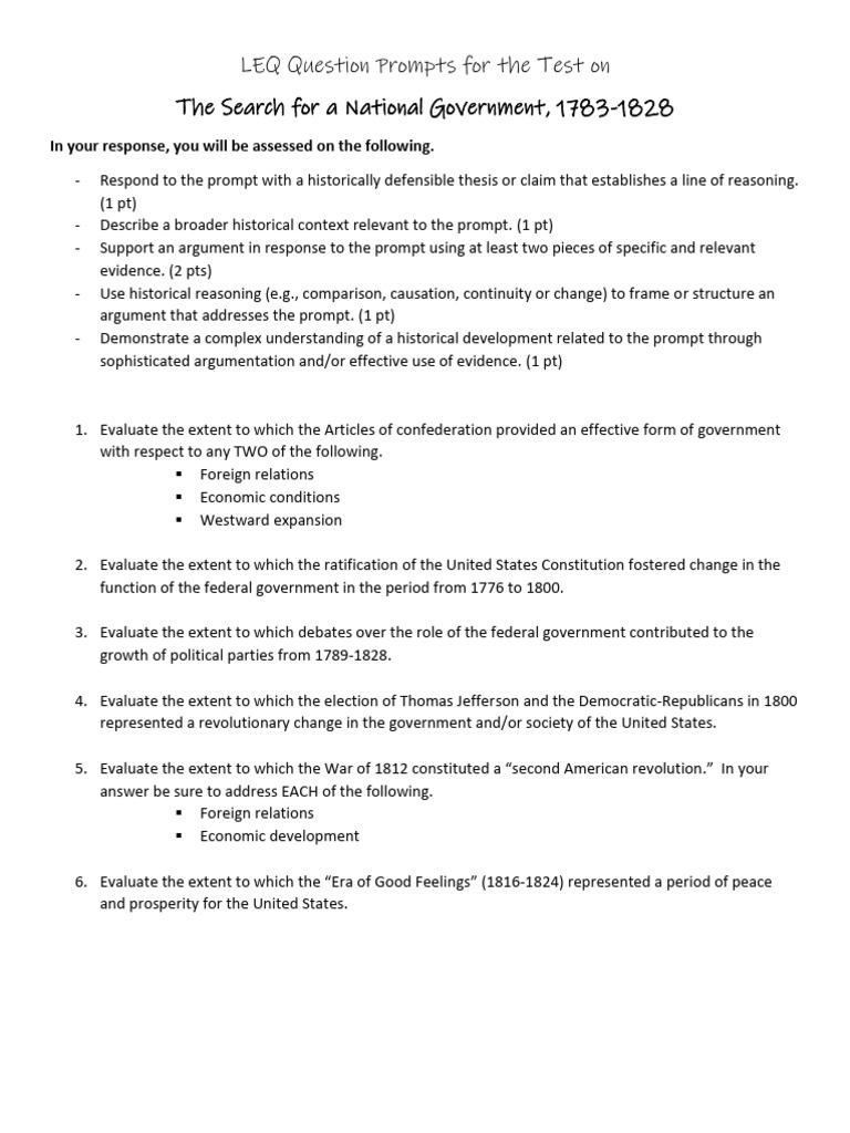 1783-1828 Test LEQ Question Prompts | PDF