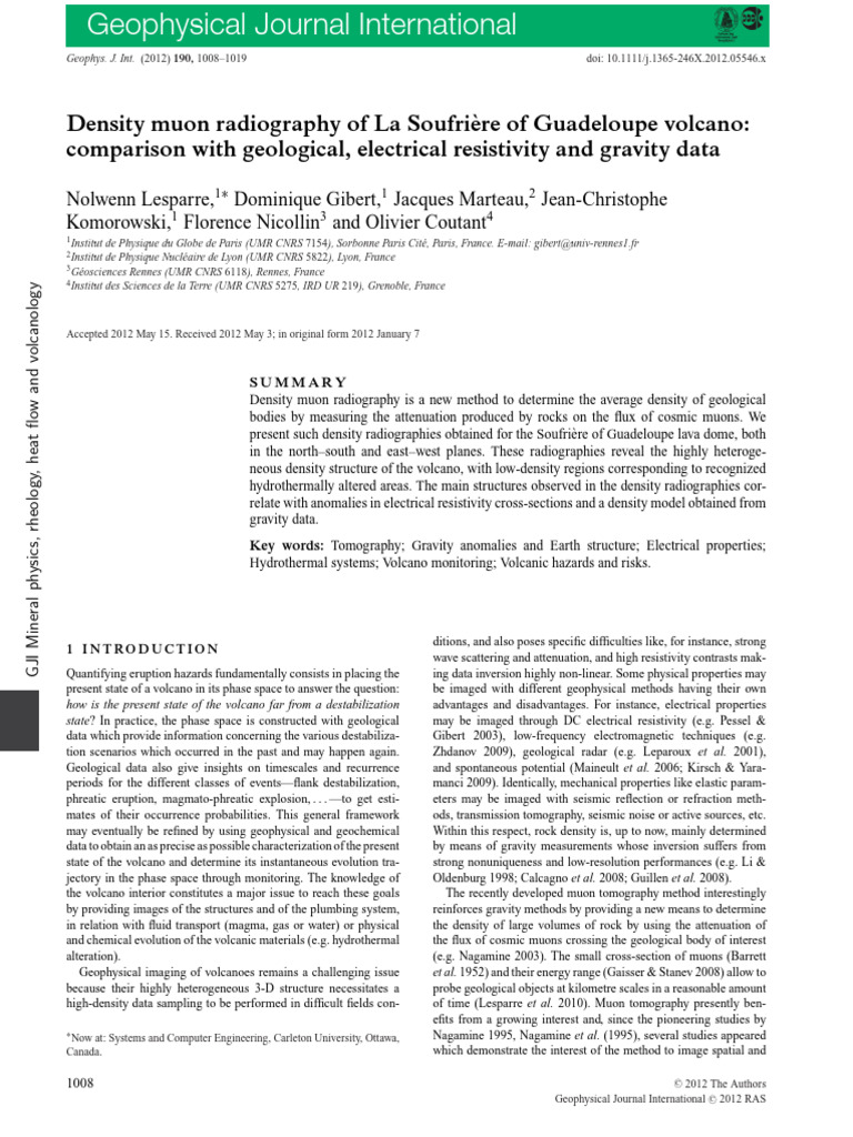 Lesparre2012cDensity Muon Radiography Soufriere | PDF | Volcano | Electron