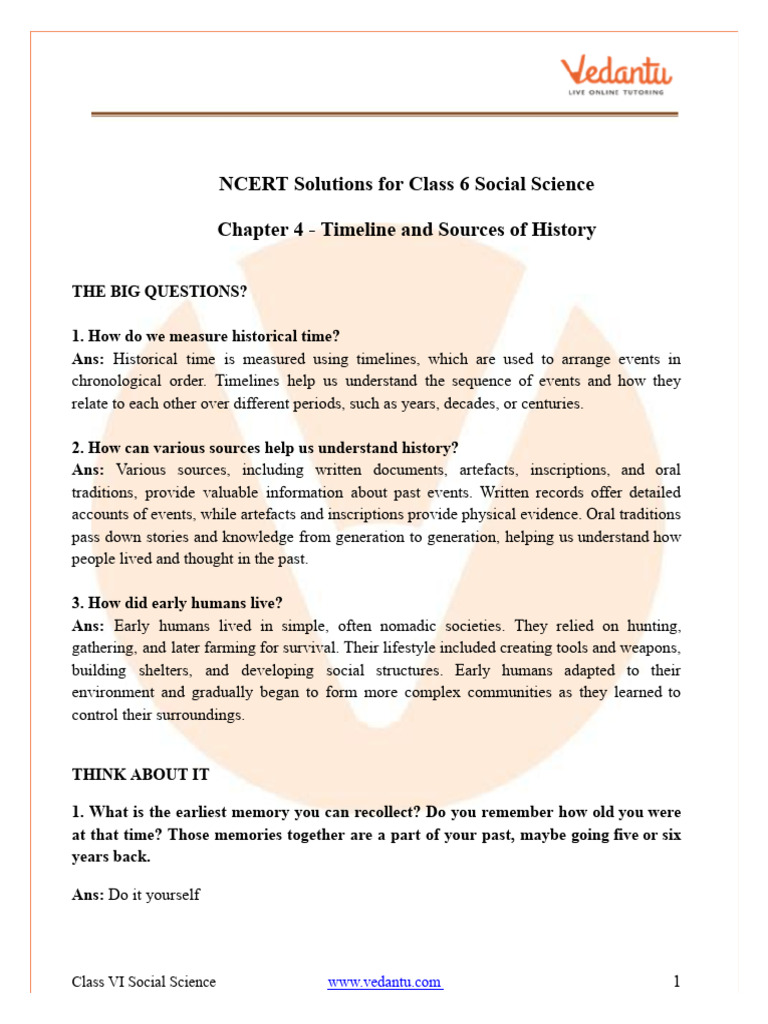 NCERT Solutions For Class 6 Social Science Chapter 4 Timeline and Sources of History - Free PDF ...