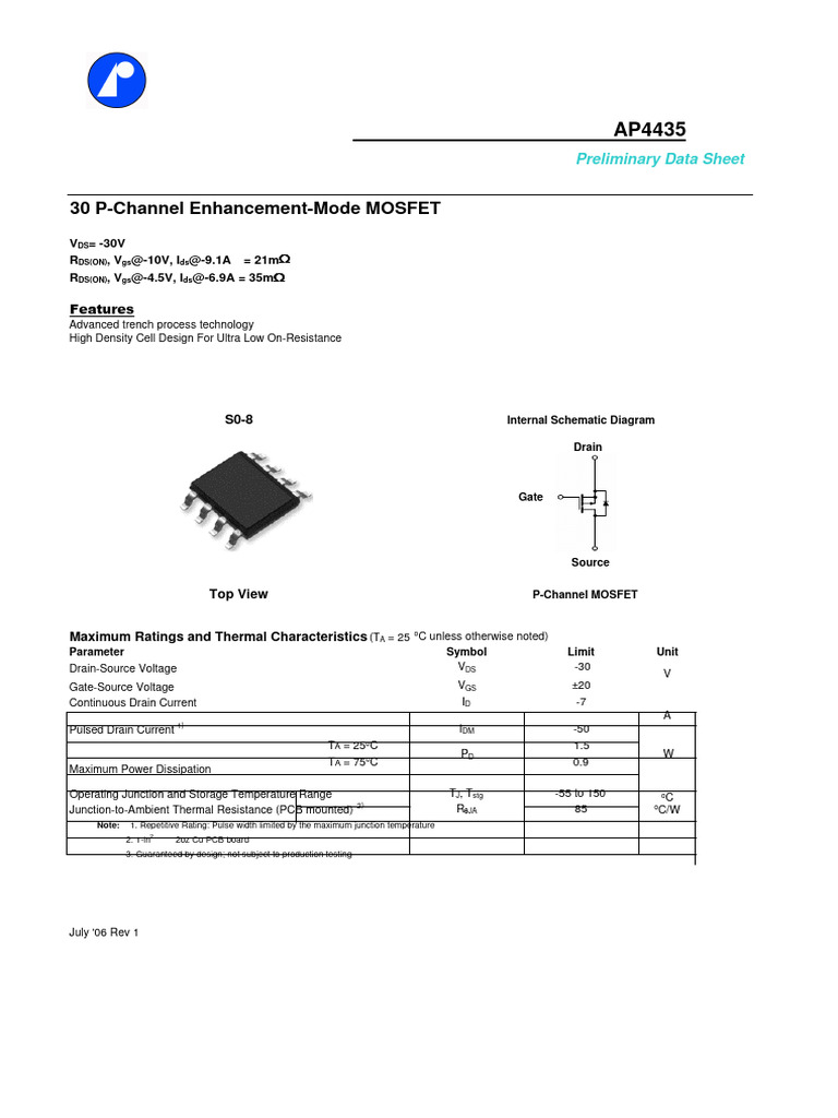 AP4435 P-Channel MOSFET Datasheet | PDF | Mosfet | Field Effect Transistor