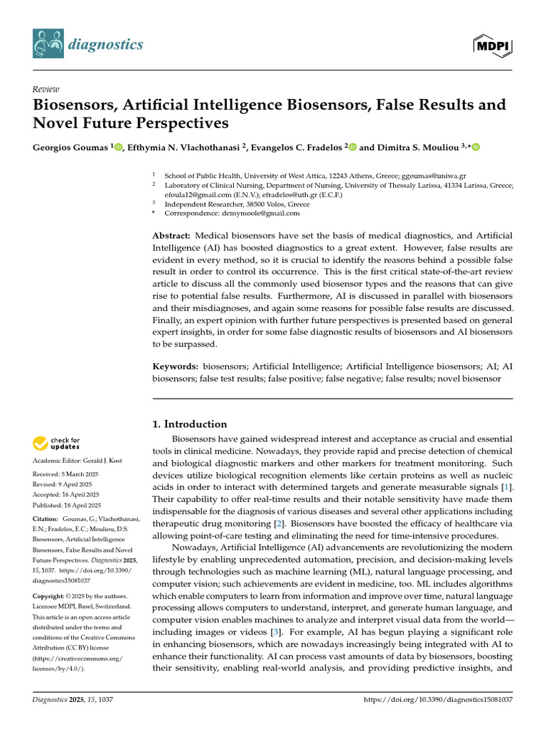 Diagnostics 15 01037 v2 | PDF | Biosensor | Machine Learning