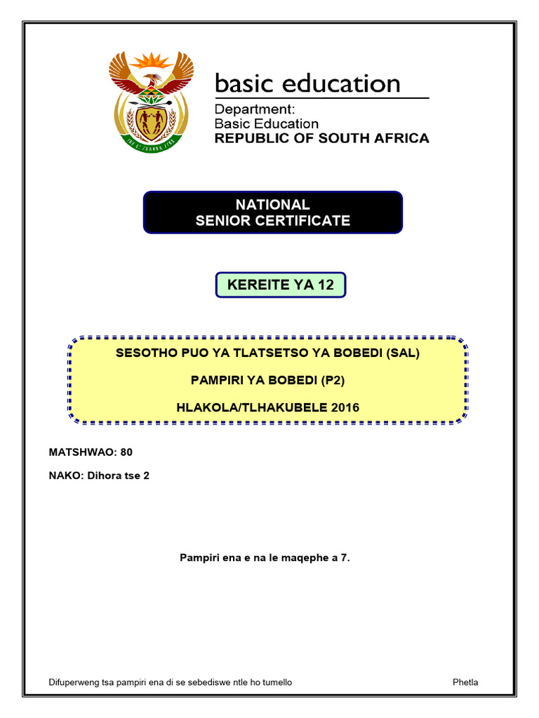 Sesotho SAL P2 Feb-March 2016 | PDF | Languages Of Africa | Southern Africa