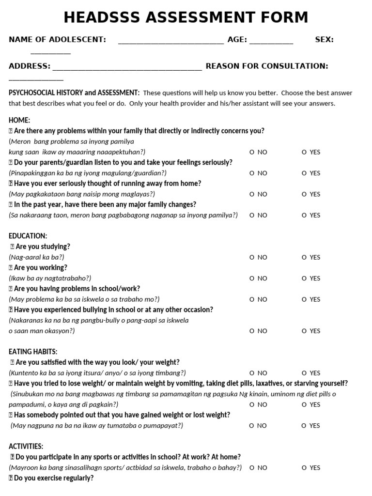 HEADSSS Assessment Form 2022 | PDF | Interpersonal Relationships