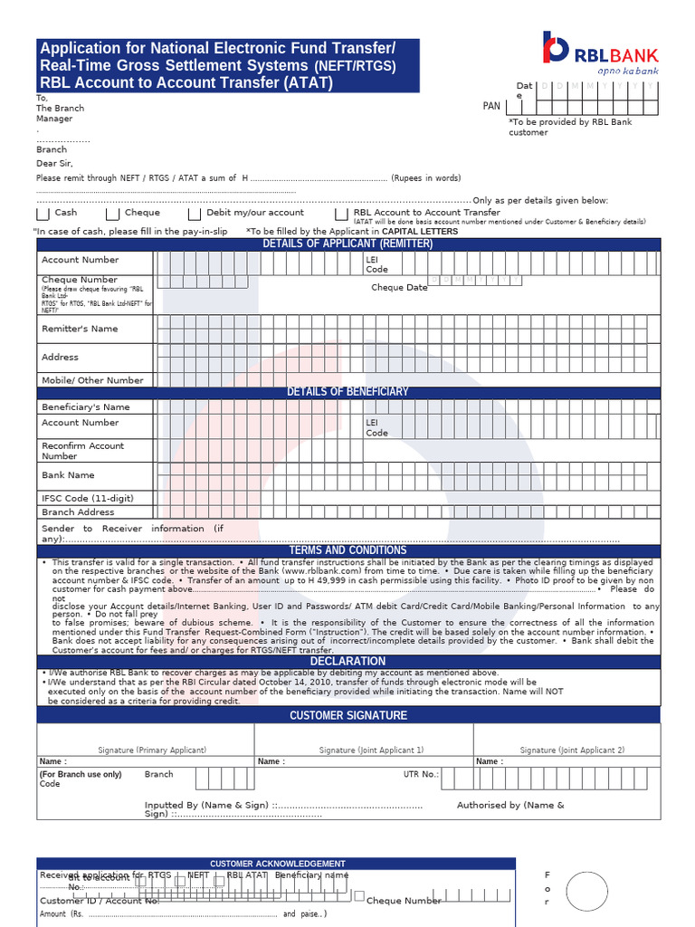 RBL Bank RTGS/NEFT Transfer Form | PDF | Service Industries | Money