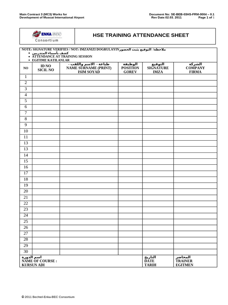Attachment - 3 SE-BEB-03HS-FRM-0003 - HSE Training Attendance Sheet | PDF