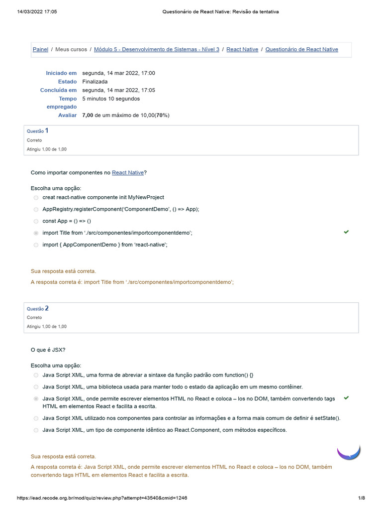 Questionario de React Native Revisao Da Tentativa-Eder | PDF | Aplicativo para celular | Rede ...