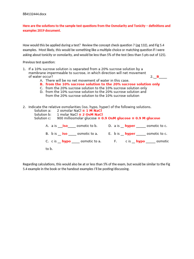 Osmolarity and Tonicity - Definitions and Examples 2019 ANSWERS | PDF