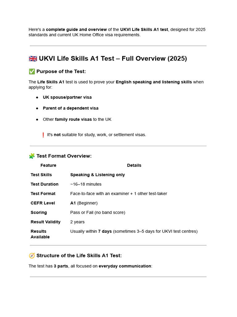 UKVI Life Skills A1 Test Guide 2025 | PDF | Communication | Learning