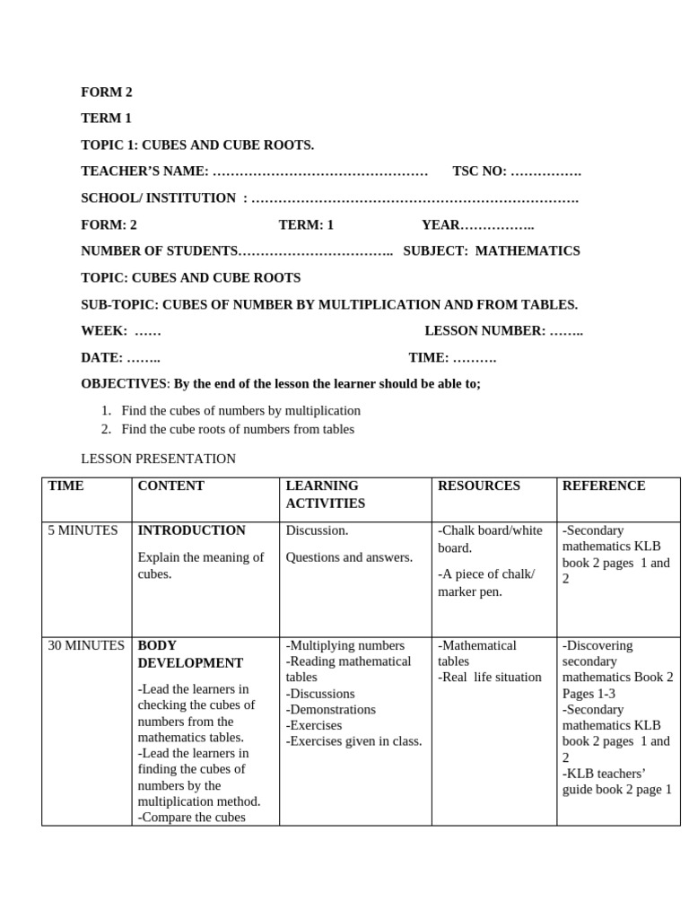 Lesson Plan: Cubes & Cube Roots | PDF | Learning | Cognition