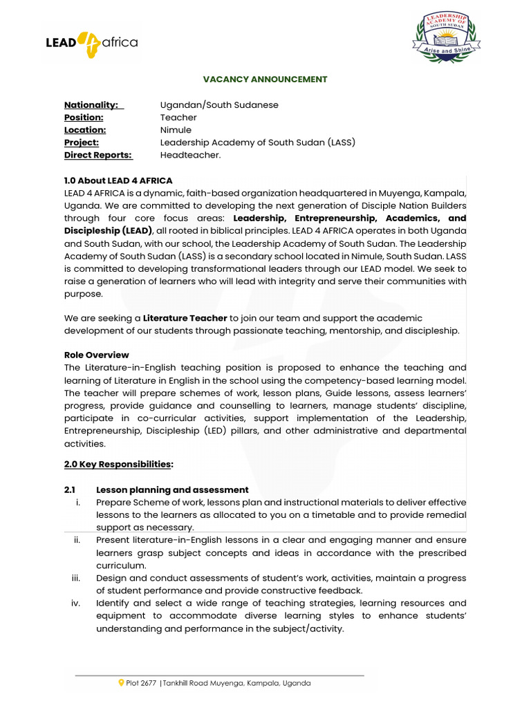 Literature Teacher Vacancy in Nimule | PDF | Mentorship | Curriculum