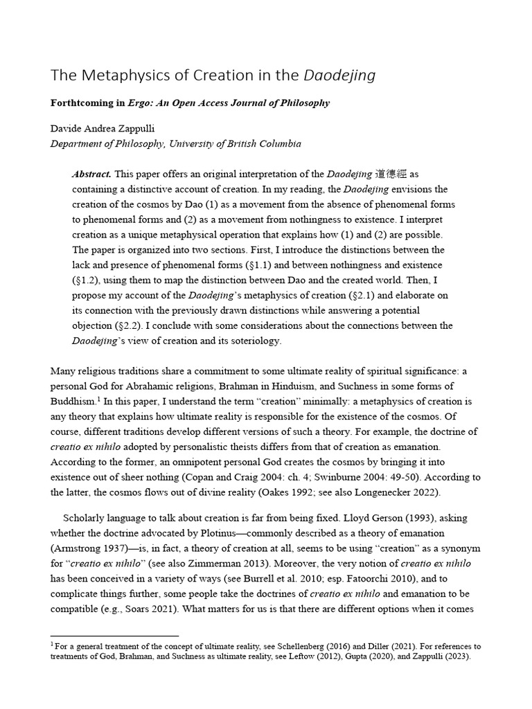 The Metaphysics of Creation in The Daodejing | PDF | Existence ...