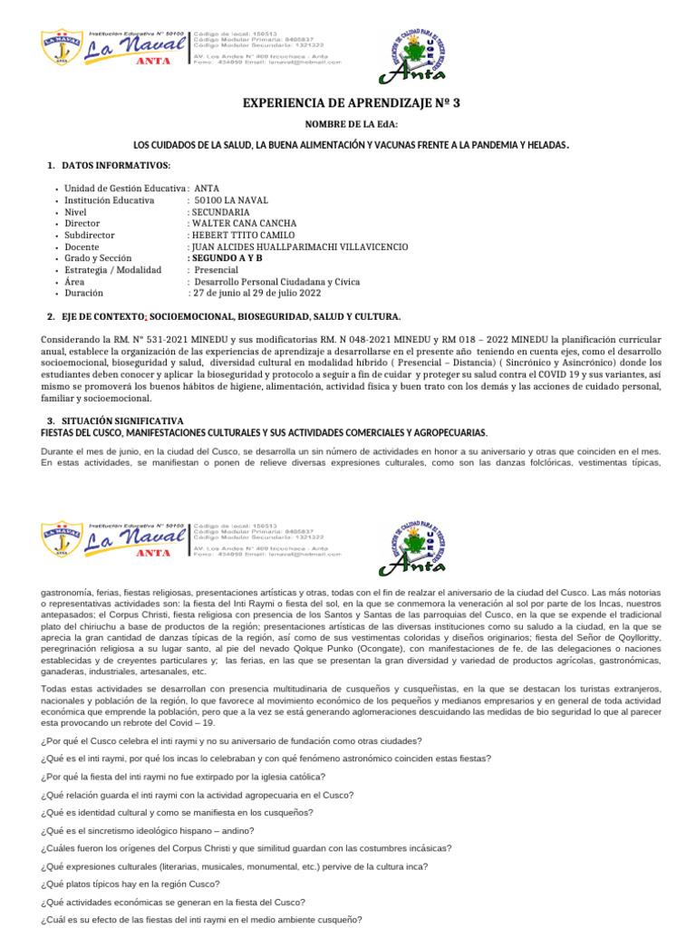 EXPER. DE APREN. DPCC. 2° A y B. NAVAL | PDF | Evaluación | Aprendizaje