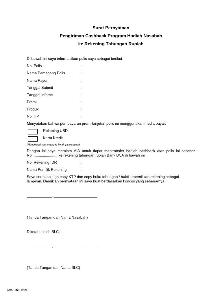 Surat Pernyataan Pengiriman Cashback Program Hadiah Nasabah Ke Rekening Tabungan Rupiah | PDF