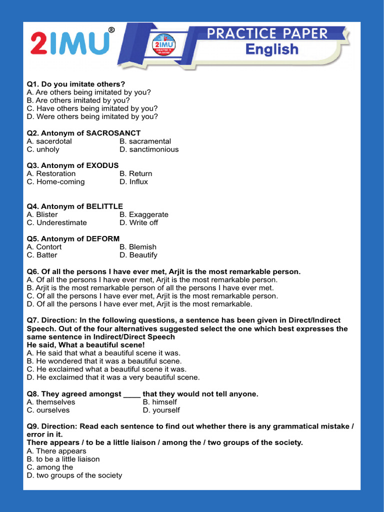 2imu®mock Practice Paper - English | PDF | Verb | Language Mechanics