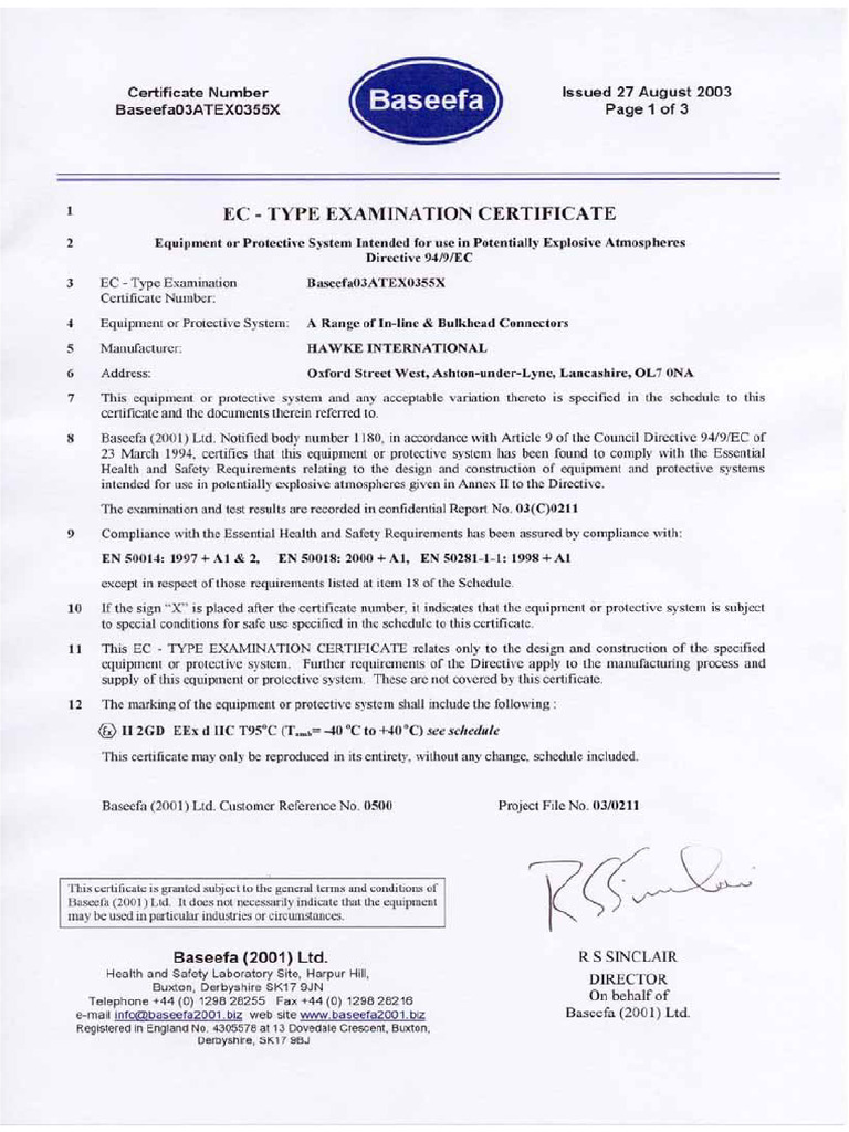 Baseefa03ATEX0355X Inline Bulkhead Connectors | PDF