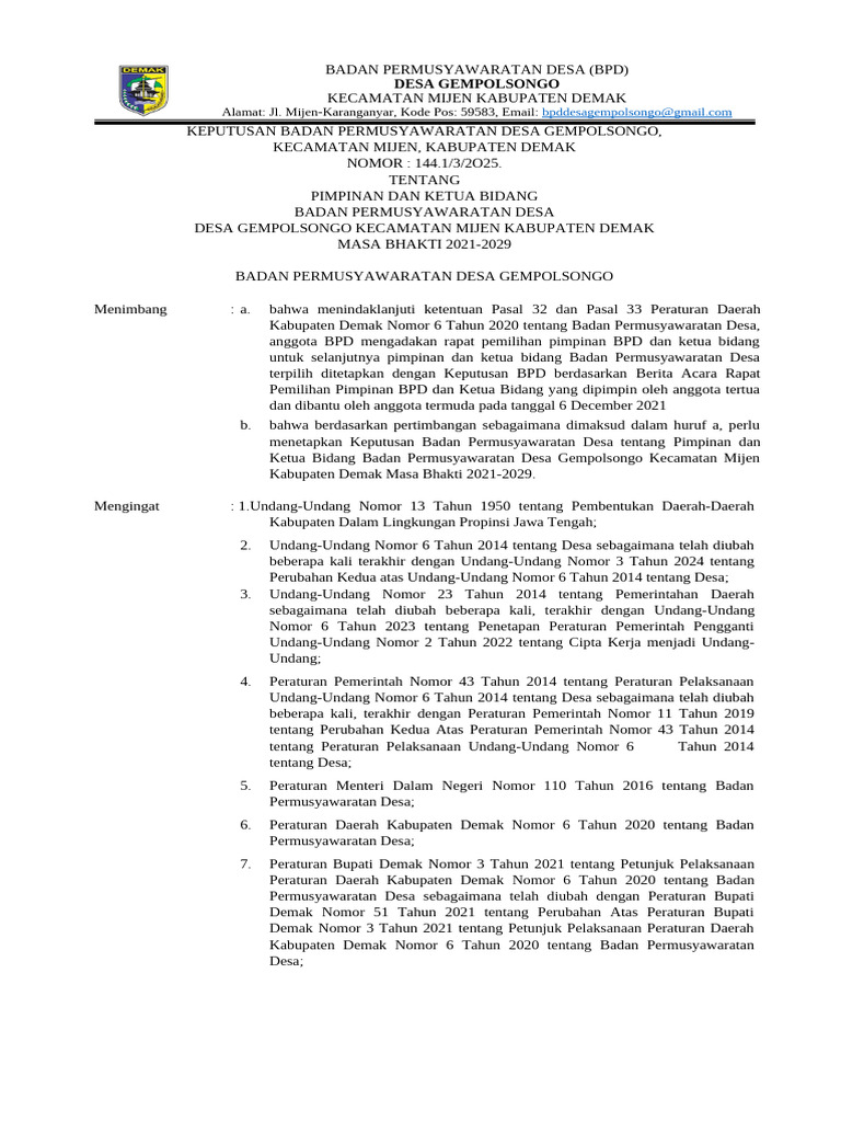 CONTOH KONSEP SK PIMPINAN DAN KETUA BPD | PDF