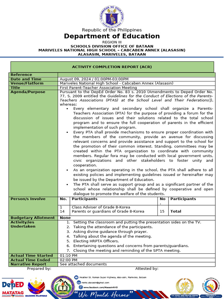 First PTA Meeting Report - Mariveles High | PDF