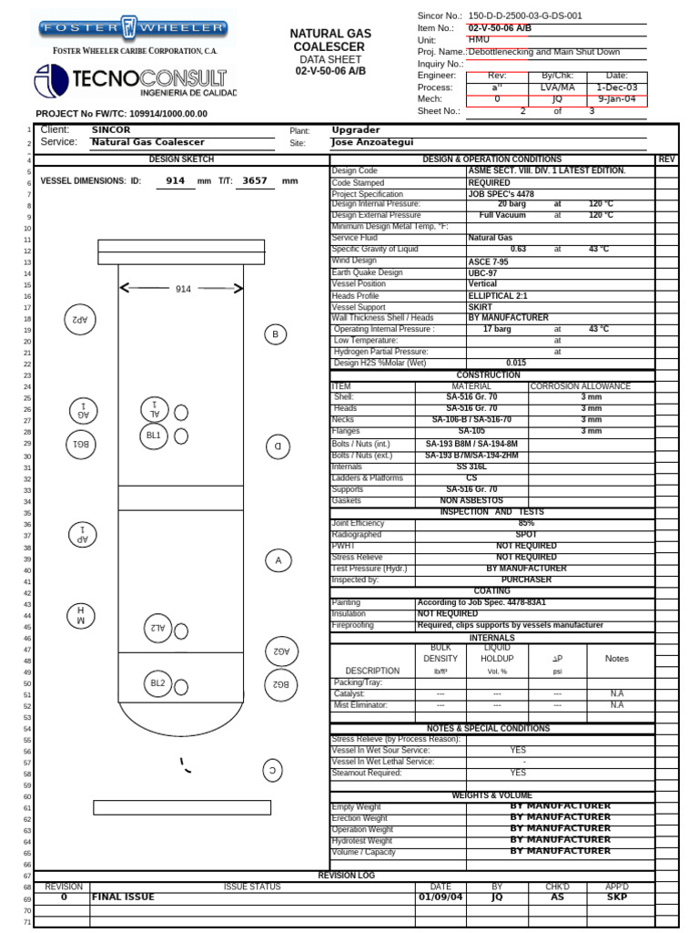 Data Sheet Natural Gas Coalescer | PDF | Gases | Materials