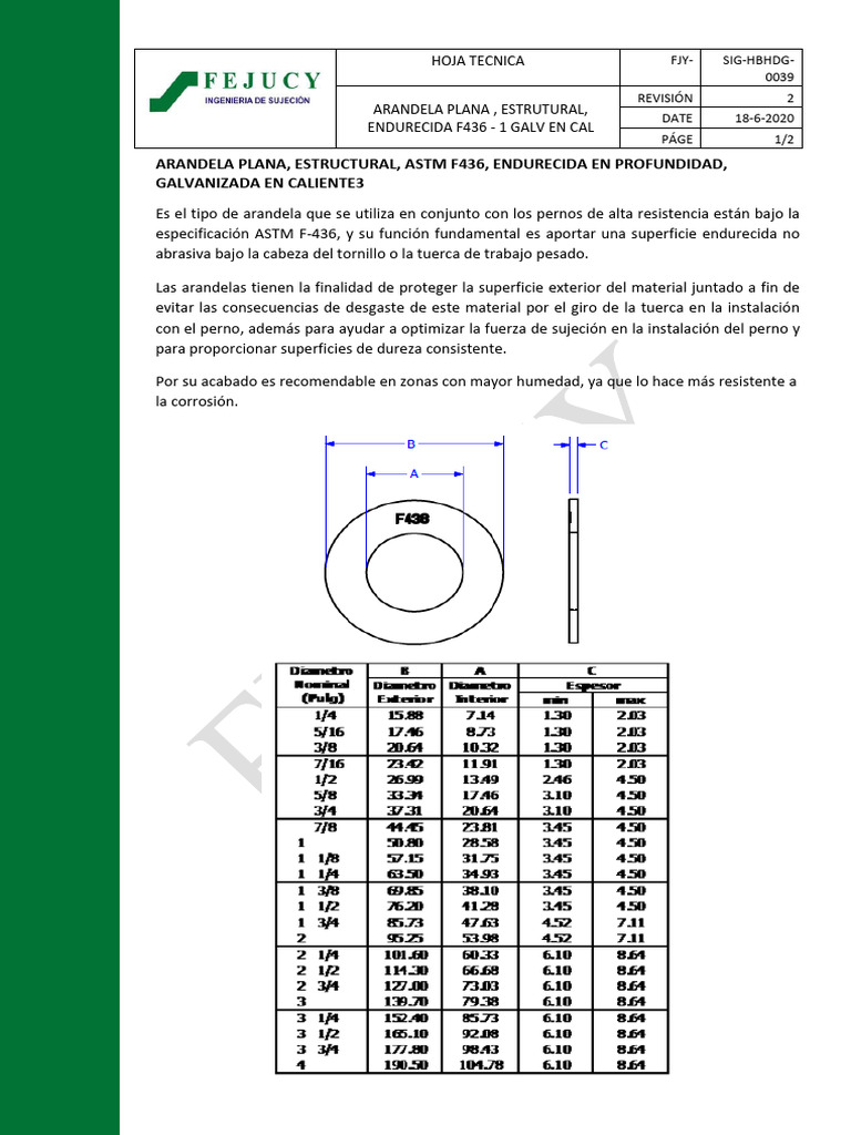 Fejucy Ficha Tecnica Arandela Estructural F436 Galv en Cal | PDF | Tornillo | Arandela (Hardware)