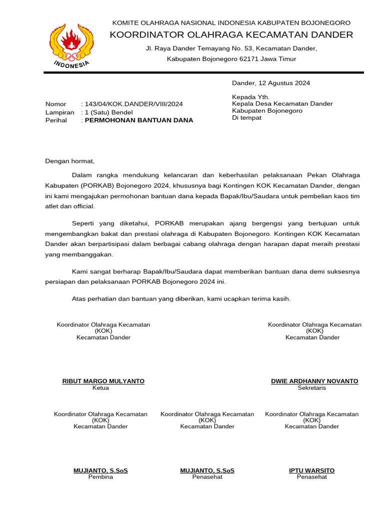 Permohonan Dana PORKAB Bojonegoro 2024 | PDF