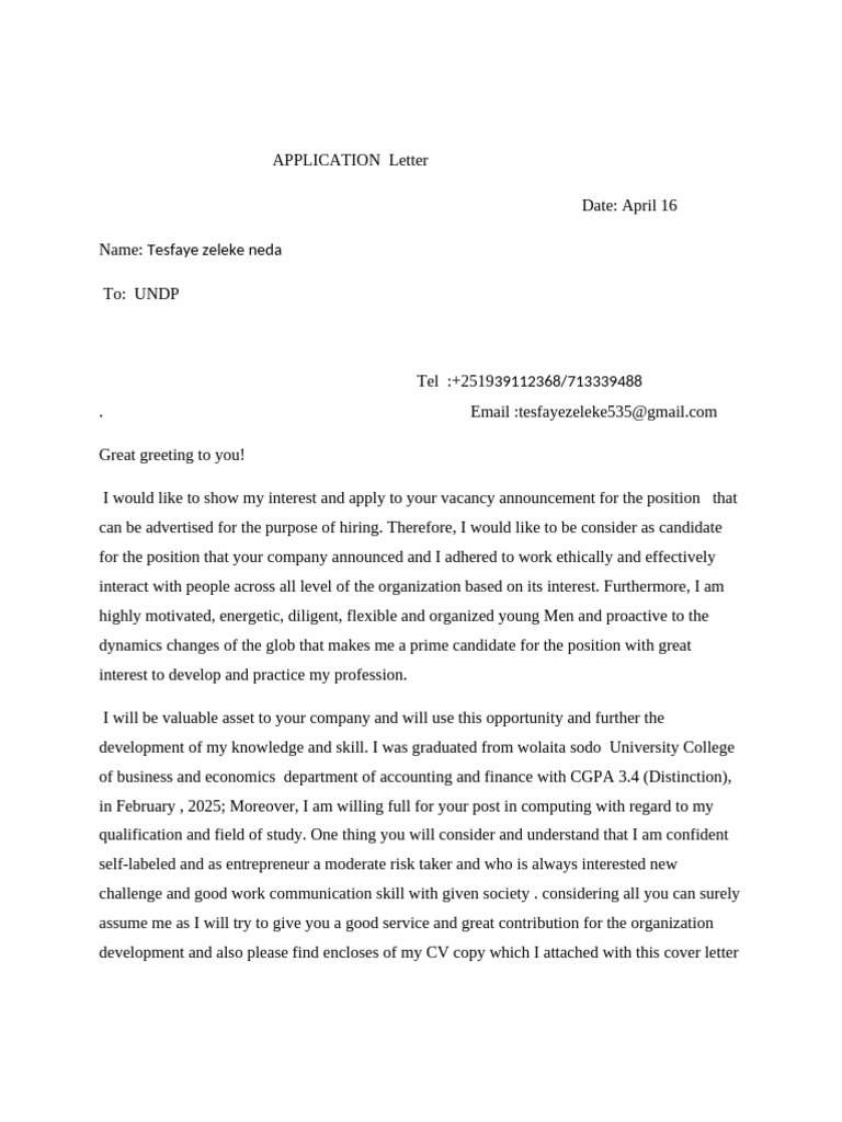 UNDP Job Application Cover Letter | PDF