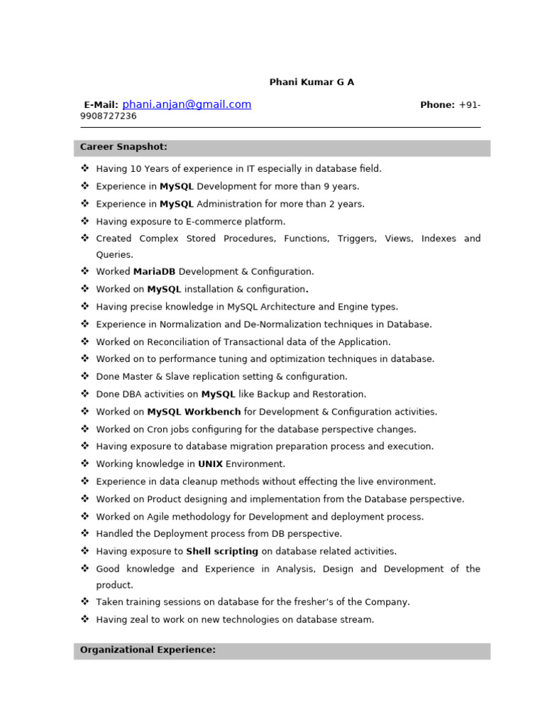 GA Phani Kumar MySQL Dev DBA 10years Exp Resume | PDF | Databases | My Sql