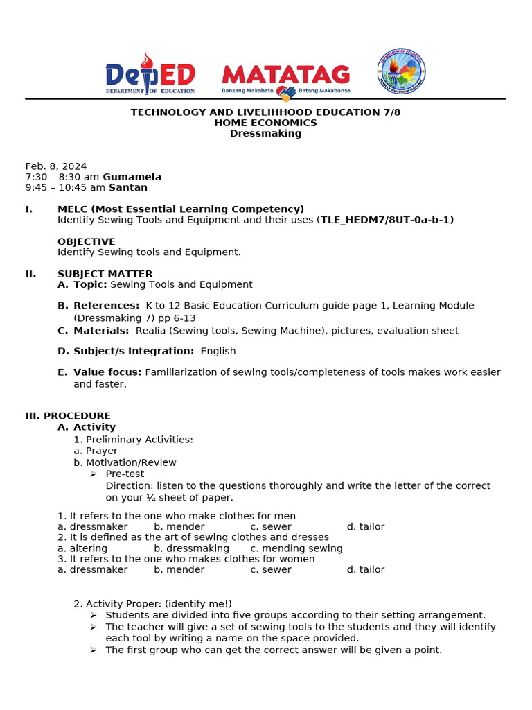 Identify Sewing Tools Updated | PDF | Sewing | Learning