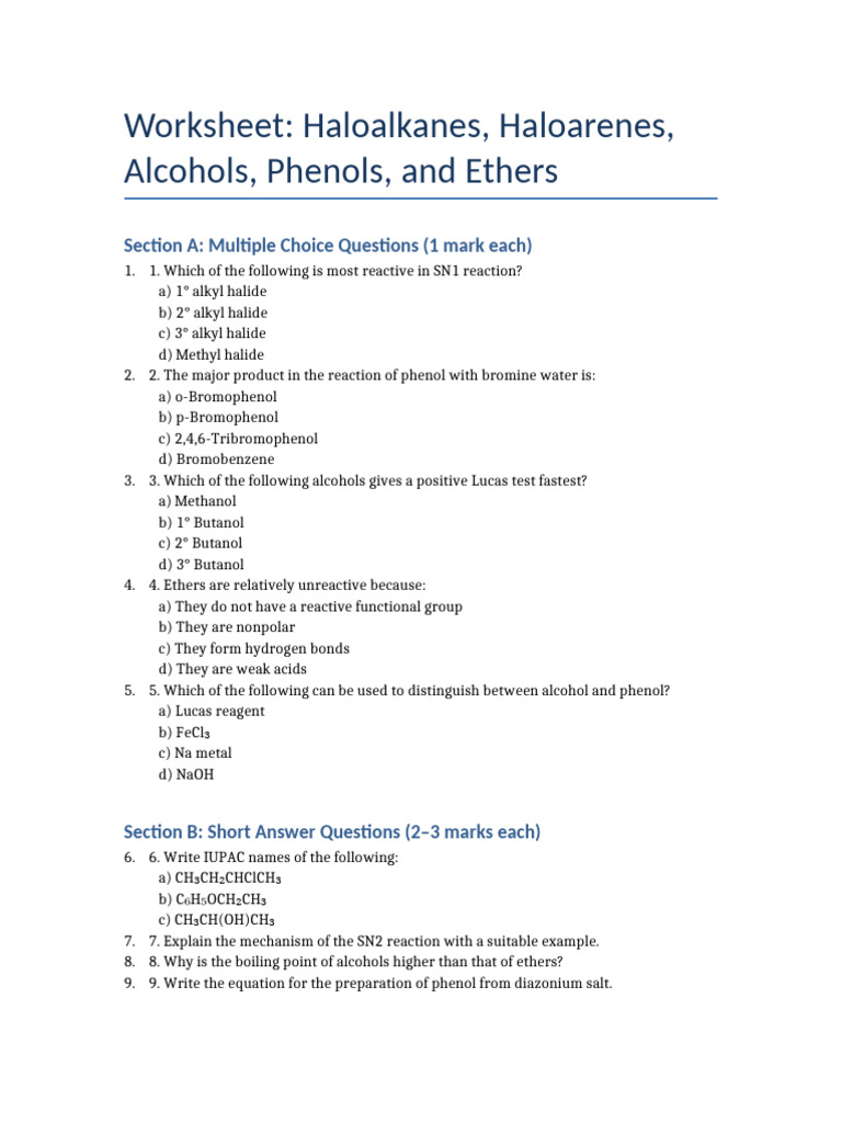 Haloalkanes_Haloarenes_Alcohols_Phenols_Ethers_Worksheet | PDF