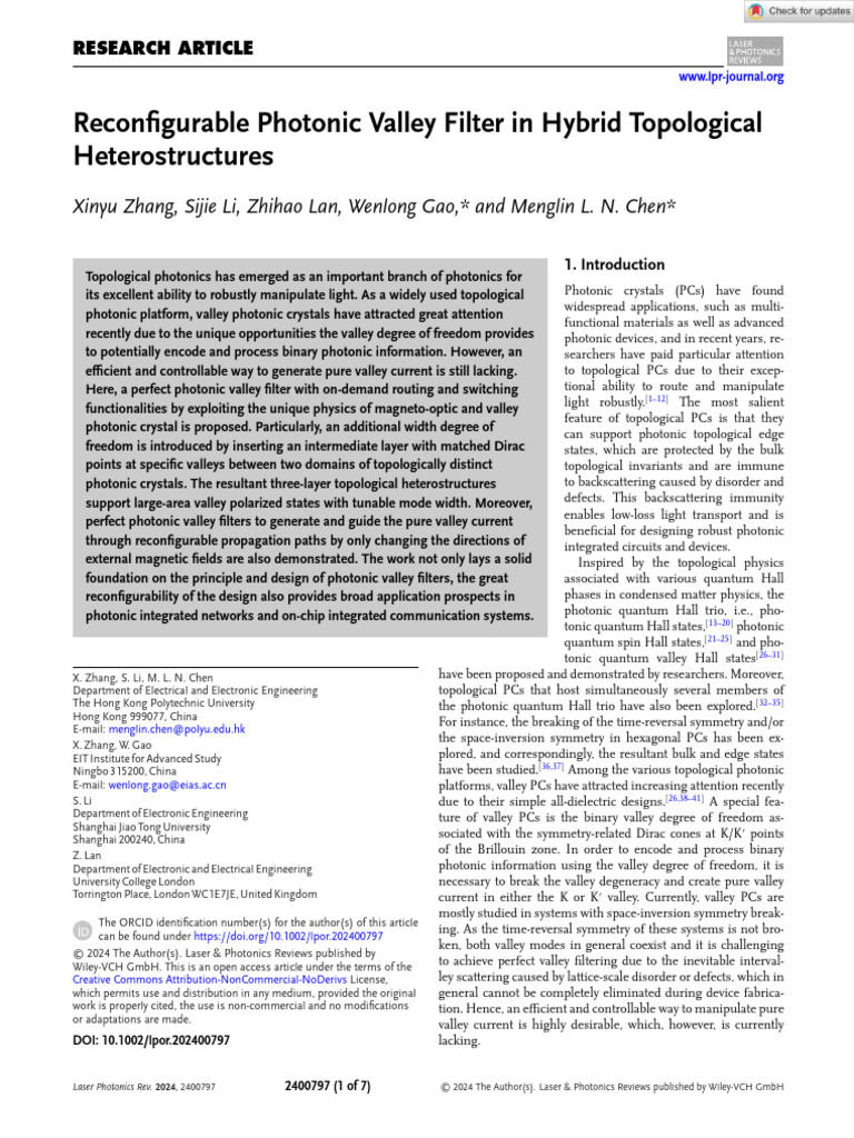 Reconfigurable Photonic Valley Filter in Hybrid Topological Heterostructures | PDF | Photonics ...