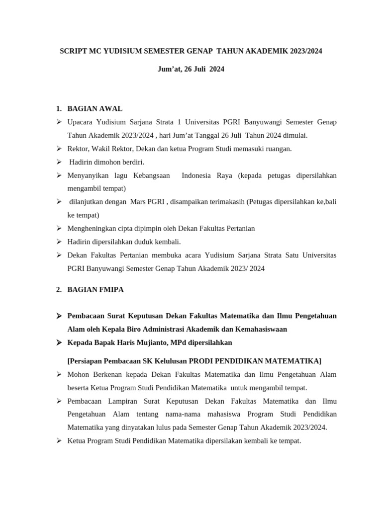 Script MC Yudisium Genap 2023-2024 | PDF