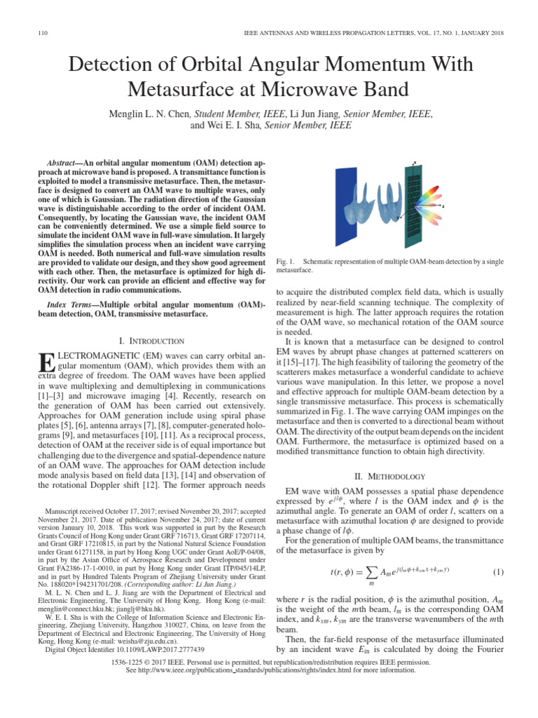(2018 AWPL) Detection of Oam With Metasurface at Microwave Band | PDF ...
