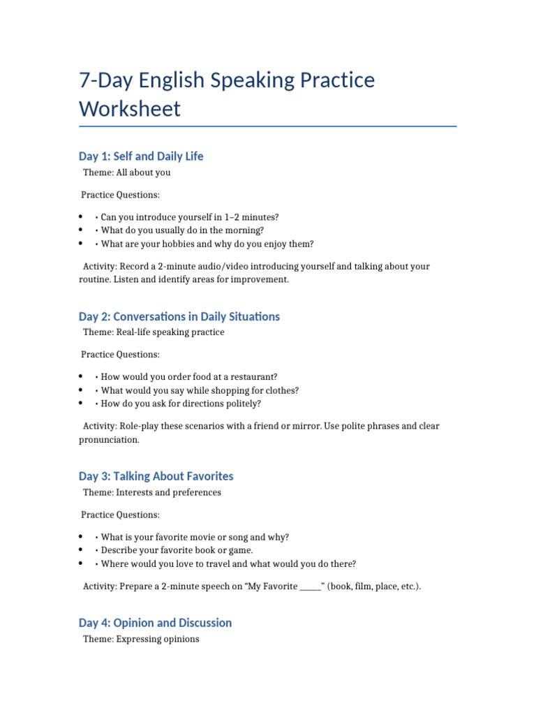 7-Day English Speaking Worksheet With Solutions | PDF