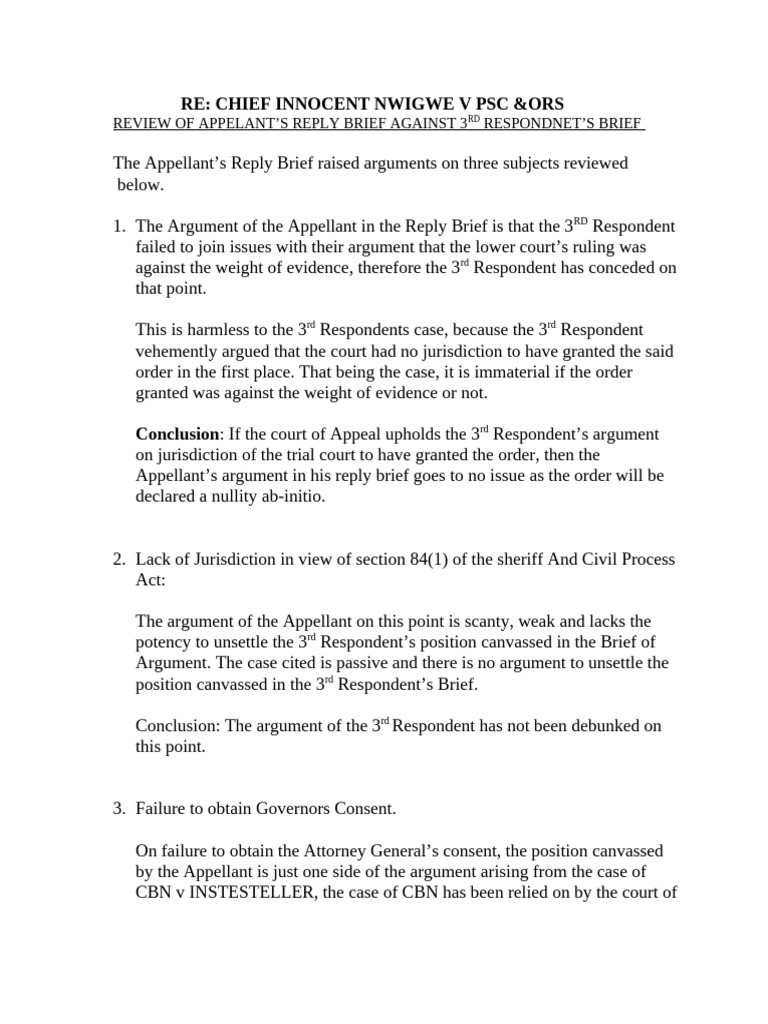 Nwigwe V PSC Review of Appellant's Reply Brief | PDF | Appeal | Brief (Law)