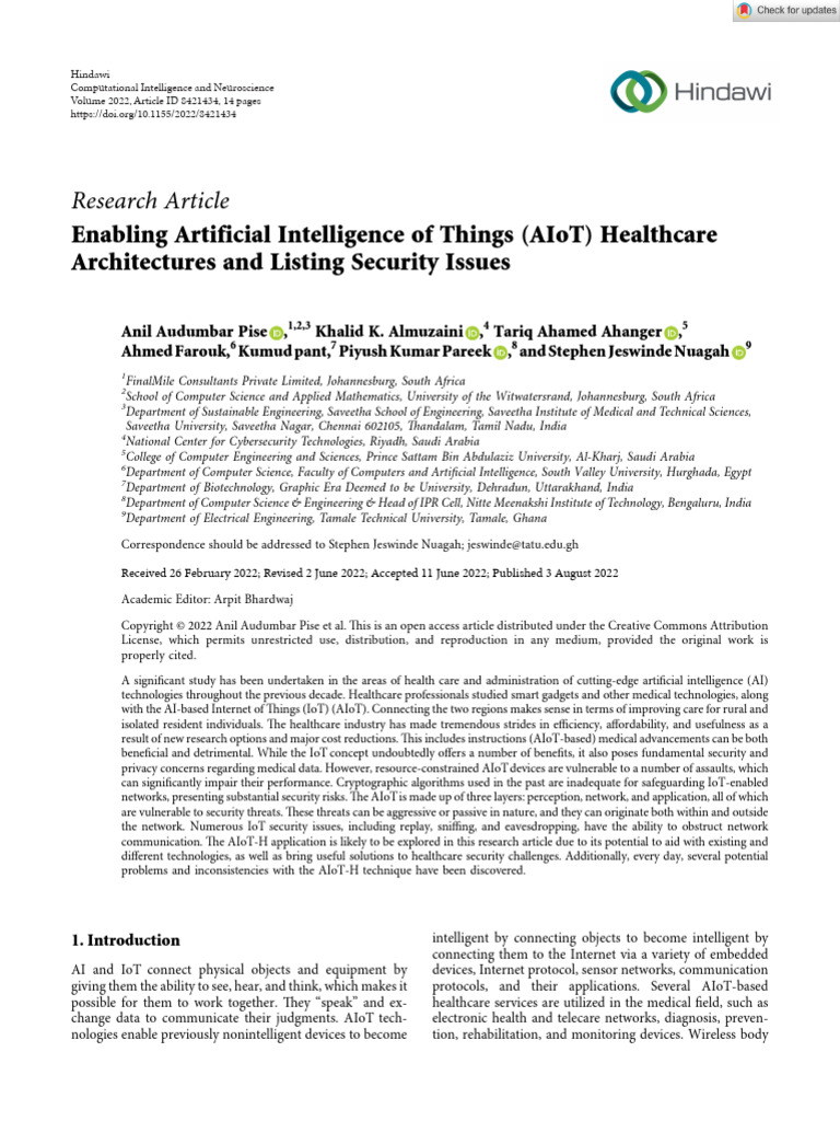 Computational Intelligence and Neuroscience - 2022 - Pise - Enabling Artificial Intelligence of ...
