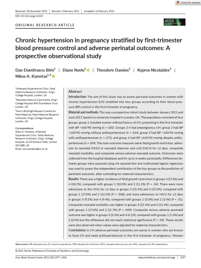 Acta Obstet Gynecol Scand - 2021 - Dumitrascu Biris - Chronic Hypertension in Pregnancy ...