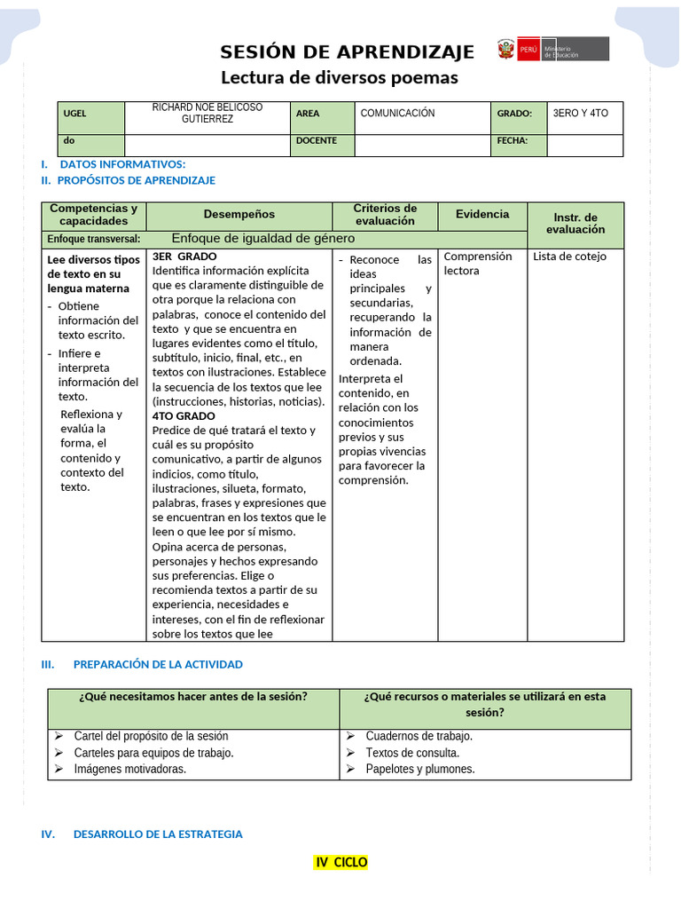 15 MAYO - COM - Lectura de Diversos Poemas - IV CICLO | PDF | Poesía