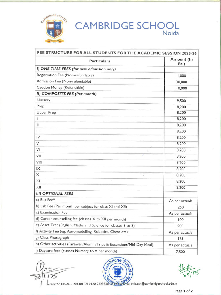 Fee Structure For All Students For All Classes For The Academic Session ...