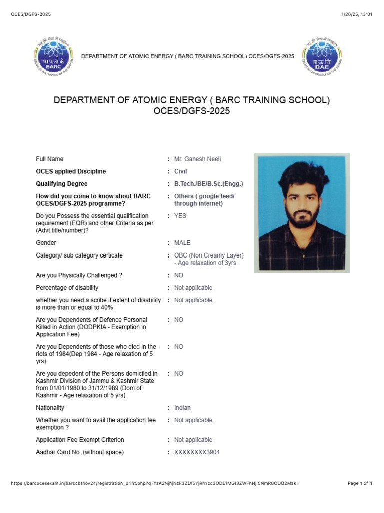 BARC OCES/DGFS 2025 Application Details | PDF