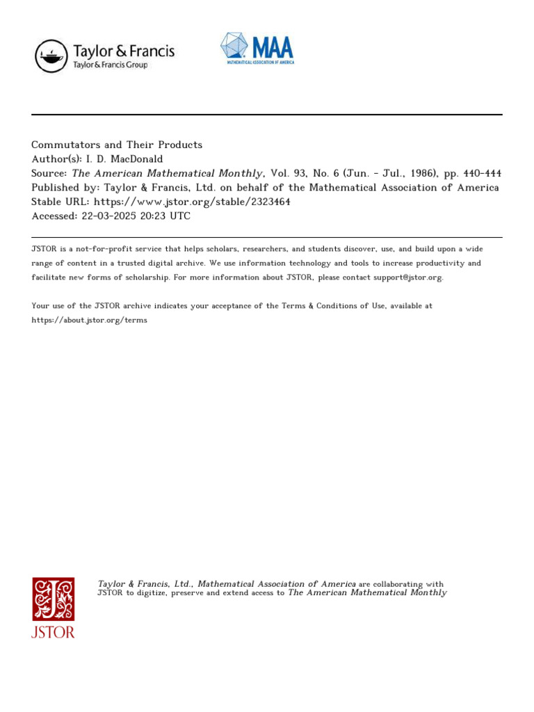 MacDonald CommutatorsProducts 1986 | PDF | Group (Mathematics) | Algebra