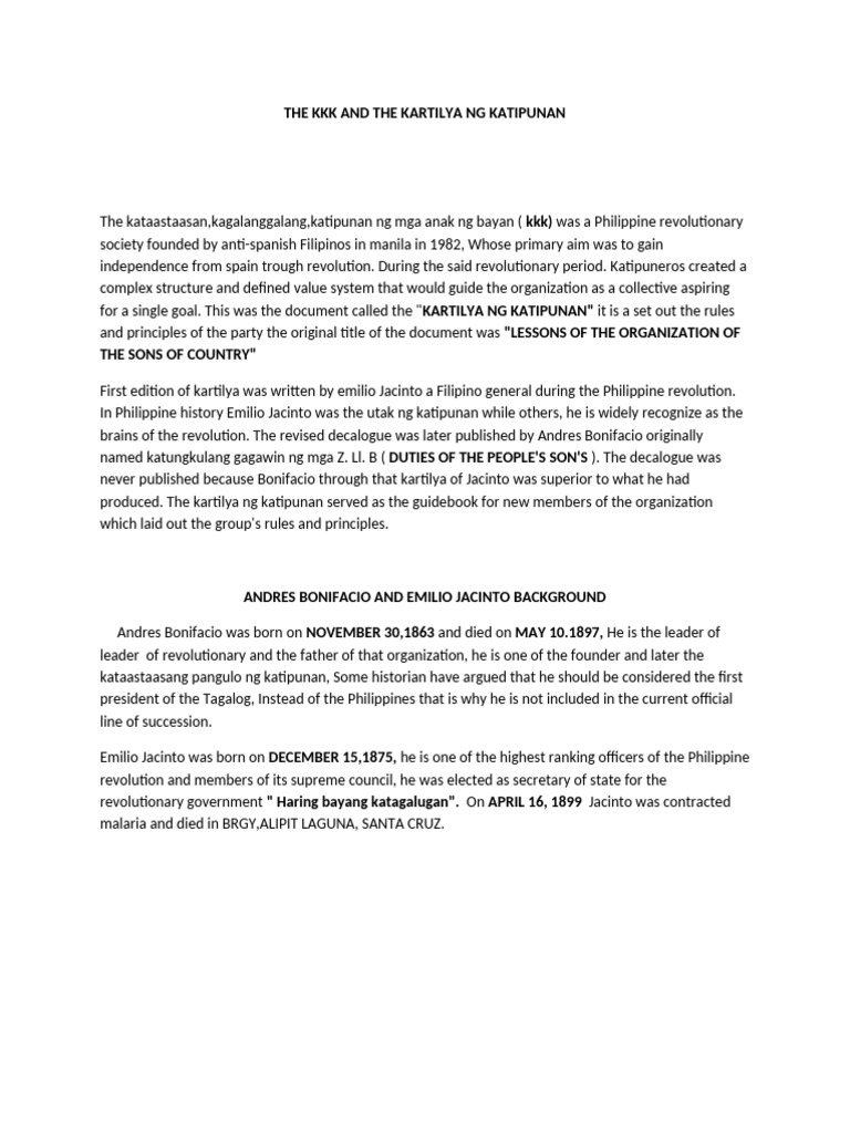 The KKK and The Kartilya NG Katipunan (Bautista Rian Joseph R.) | PDF | Spanish East Indies ...