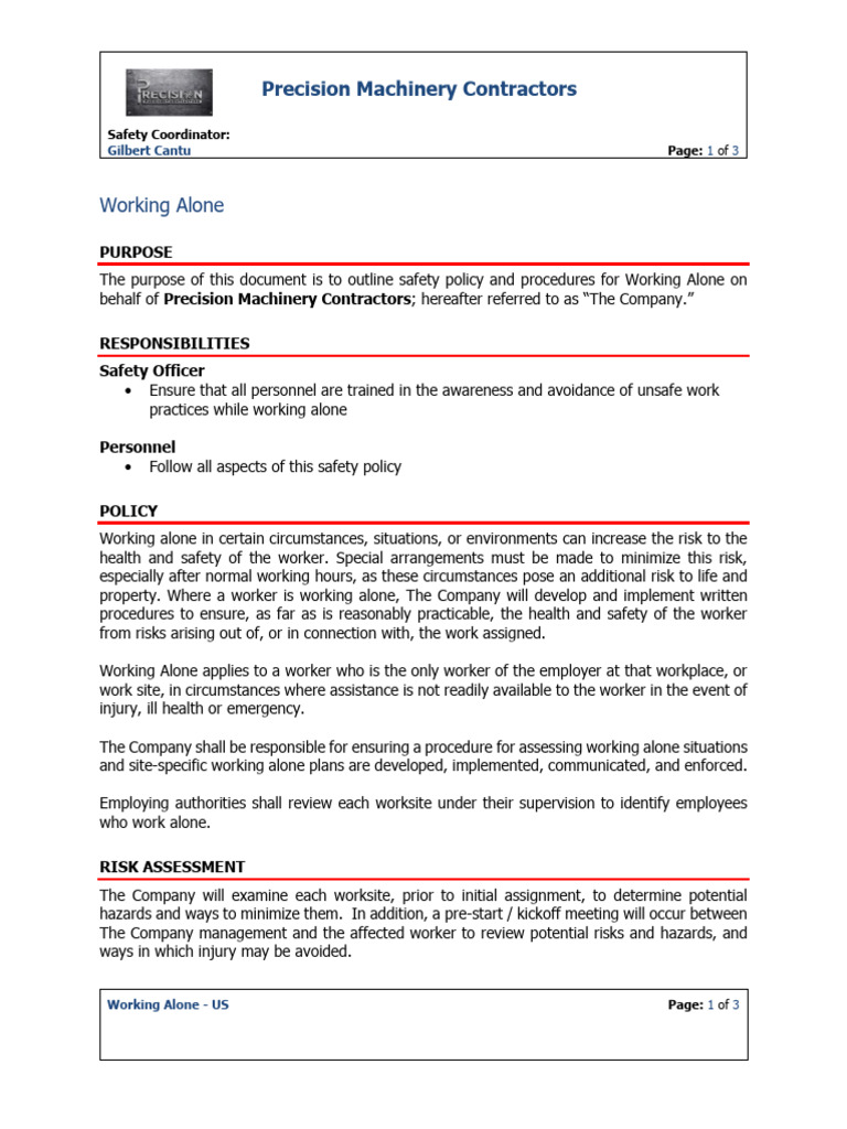 Working Alone | PDF | Occupational Safety And Health | Safety
