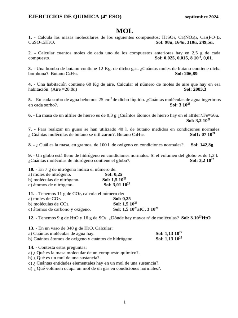 Ejercicios de Química: Moles y Masa Molecular | PDF | Mole (Unidad) | Gases