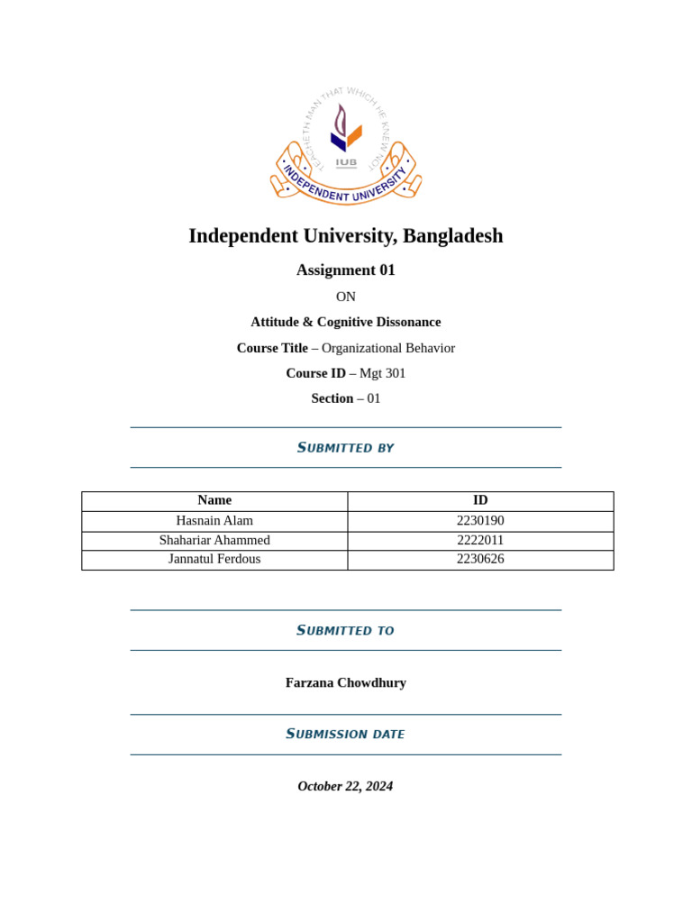Mgt 301. Assignment 01 | PDF | Attitude (Psychology) | Cognition