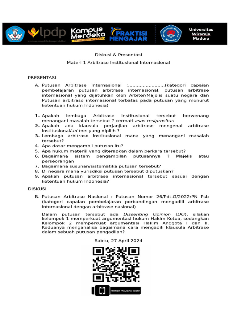 Presentasi - Materi 1 Arbitrase Institusional Internasional - Un - Wiraraja | PDF