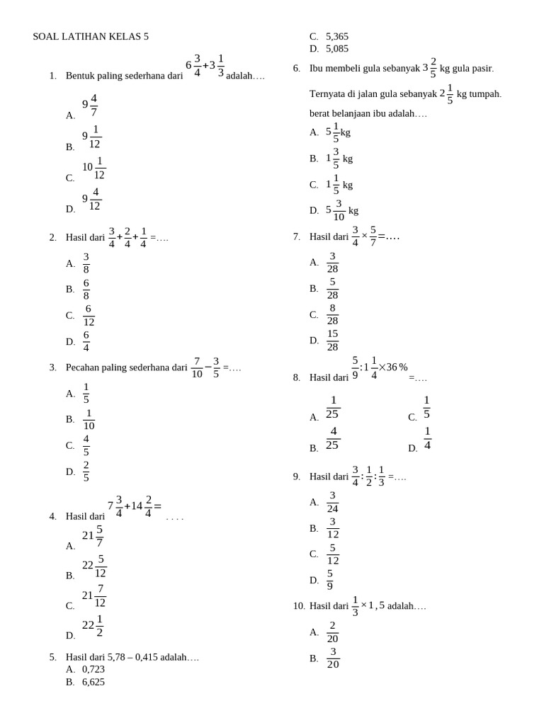 Soal Latihan Kelas 5 Pas Matematika 2019 | PDF