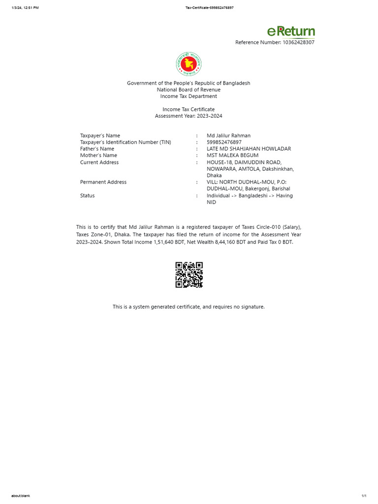 Income Tax Certificate for 2023-2024 | PDF