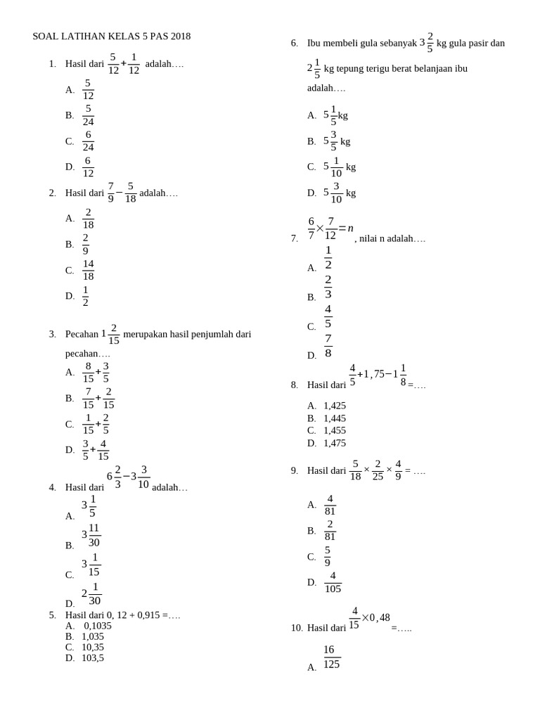 SOAL LATIHAN KELAS 5 PAS 2018 | PDF
