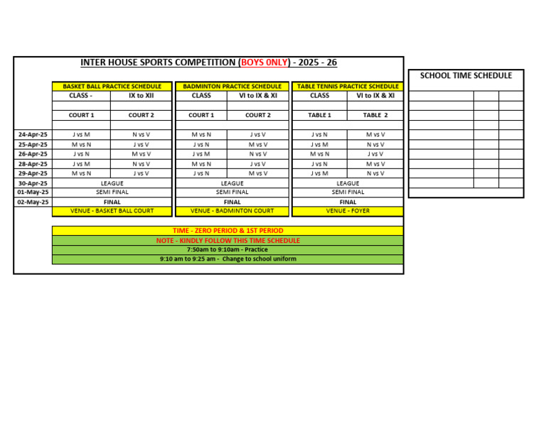Inter House Sports Competition Schedule | PDF
